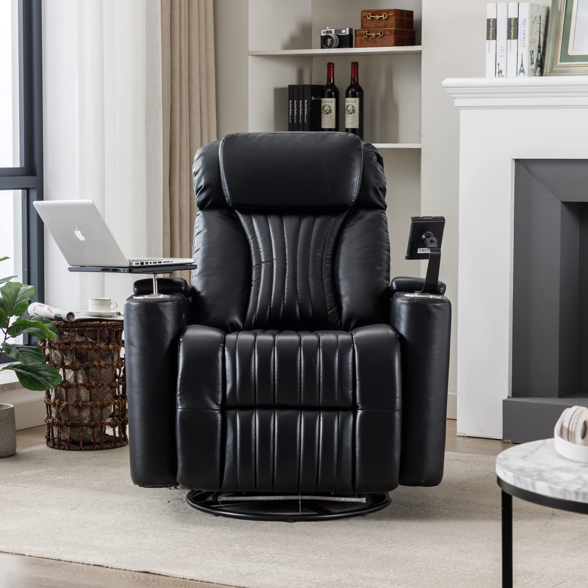 Merax 270¡ã Power Swivel Recliner,Home Theater Seating with Hidden Arm Storage and LED Light Strip,Cup Holder,360¡ã Swivel Tray Table,and Cell Phone Holder,Soft Living Room Chair,Black