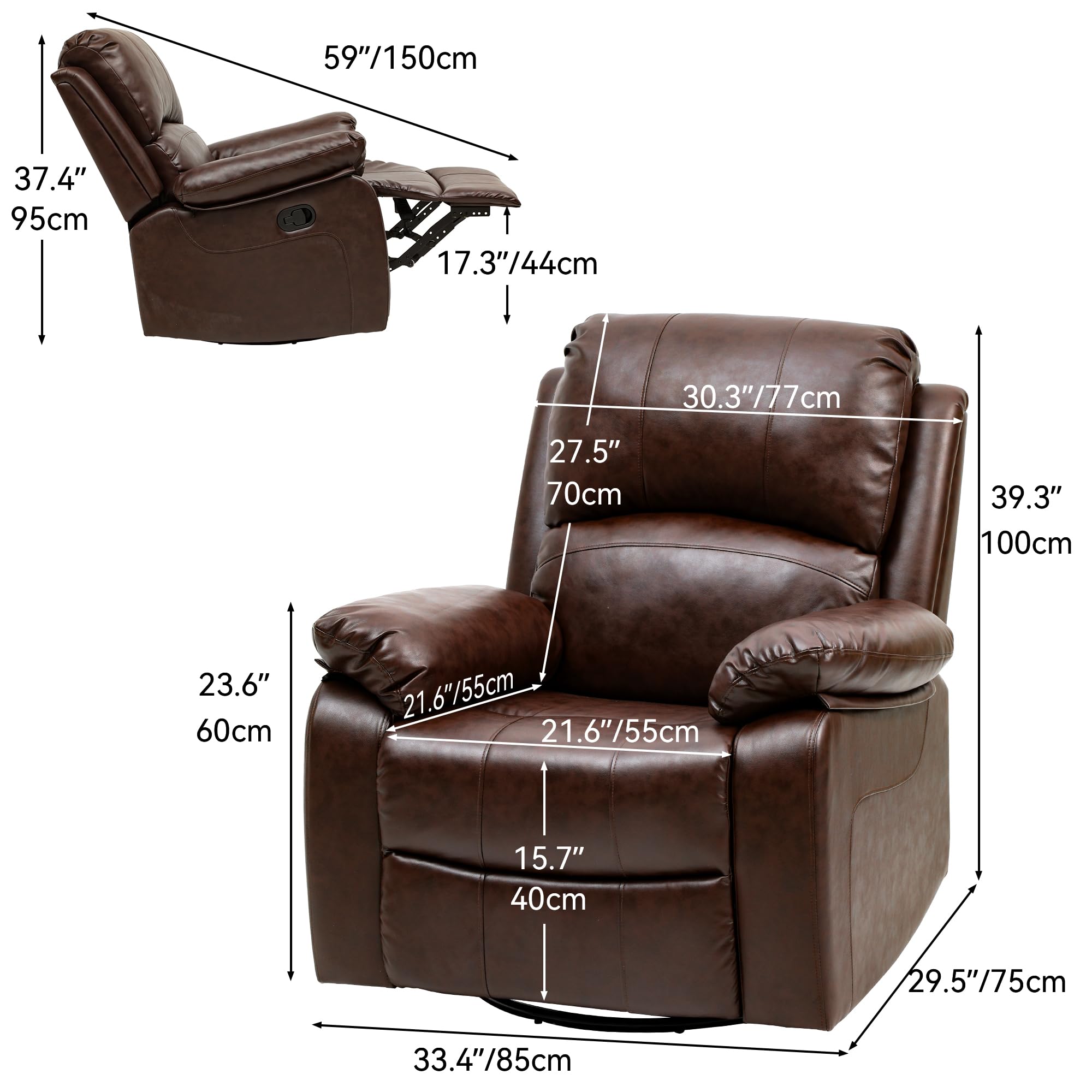 YITAHOME Swivel Glider Rocker Recliner Chair for Nursery，Manual Swivel Rocking Recliner，Mordern Home Theater Seating Soft PU Reclining Chairs for Living Room，Brown