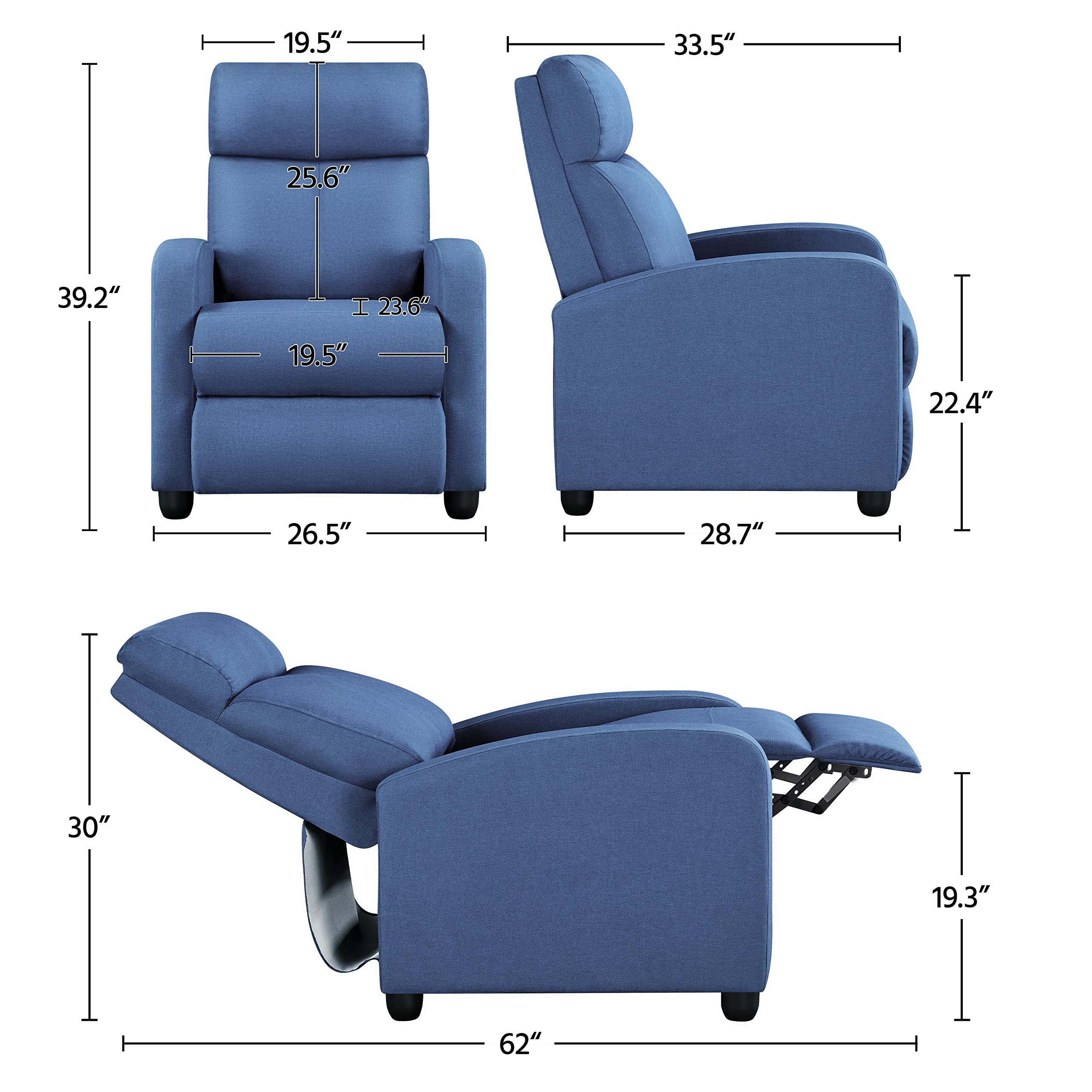 Yaheetech Home Theater Seating Fabric Recliner Chair Modern Single Living Room Reclining Sofa with Pocket Spring Light Blue