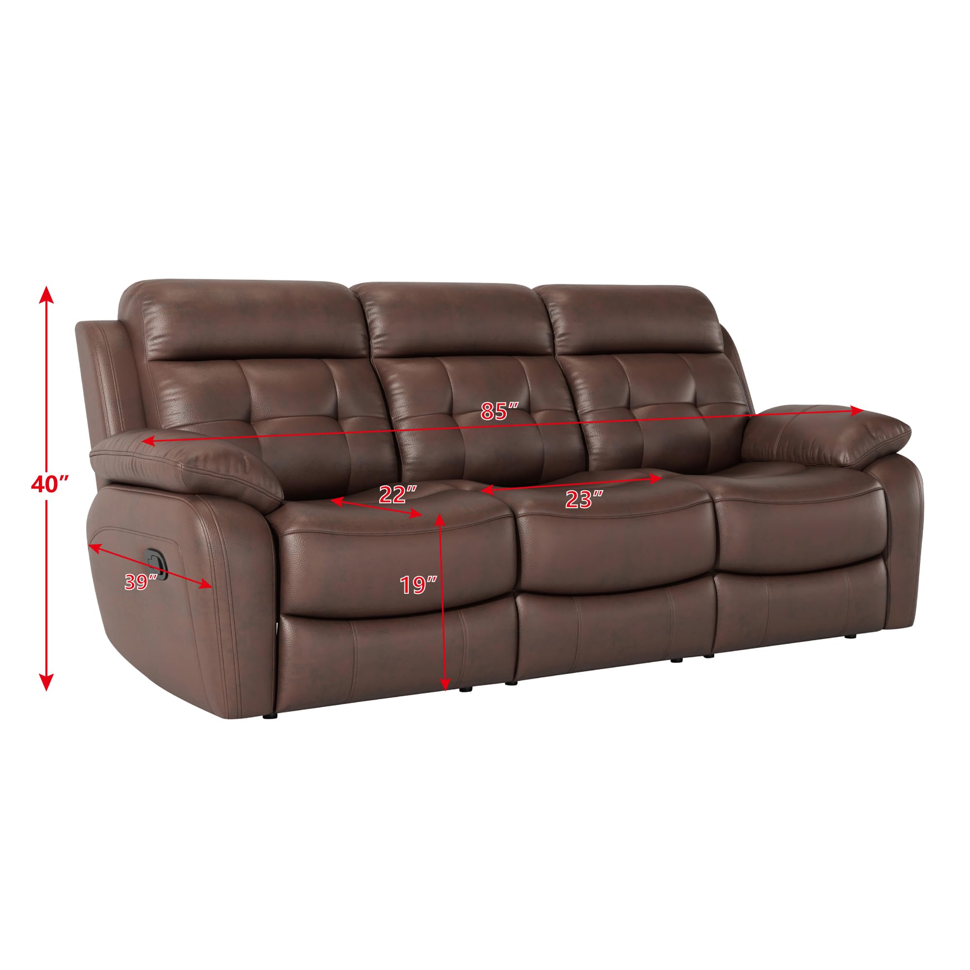 Curt Genuine Leather Non-Power Reclining Sofa with Drop Down Table, Cup Holders & Magazine Bag, Upholstered Seat, 3-Seat Dual Recliner Chair for Home Theater Living Room Office, Brown,BOJATU