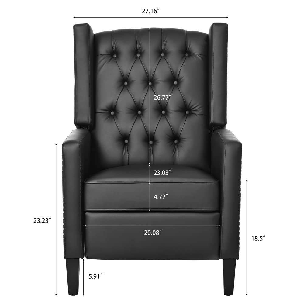 Arm Pushing Recliner Chair, Modern Button Tufted Wingback Manual Push Back Recliner Chair with Nailhead Trim & Wood Leg Upholstered Living Room Chair Single Reclining Sofa Home Theater Seating BlackPU