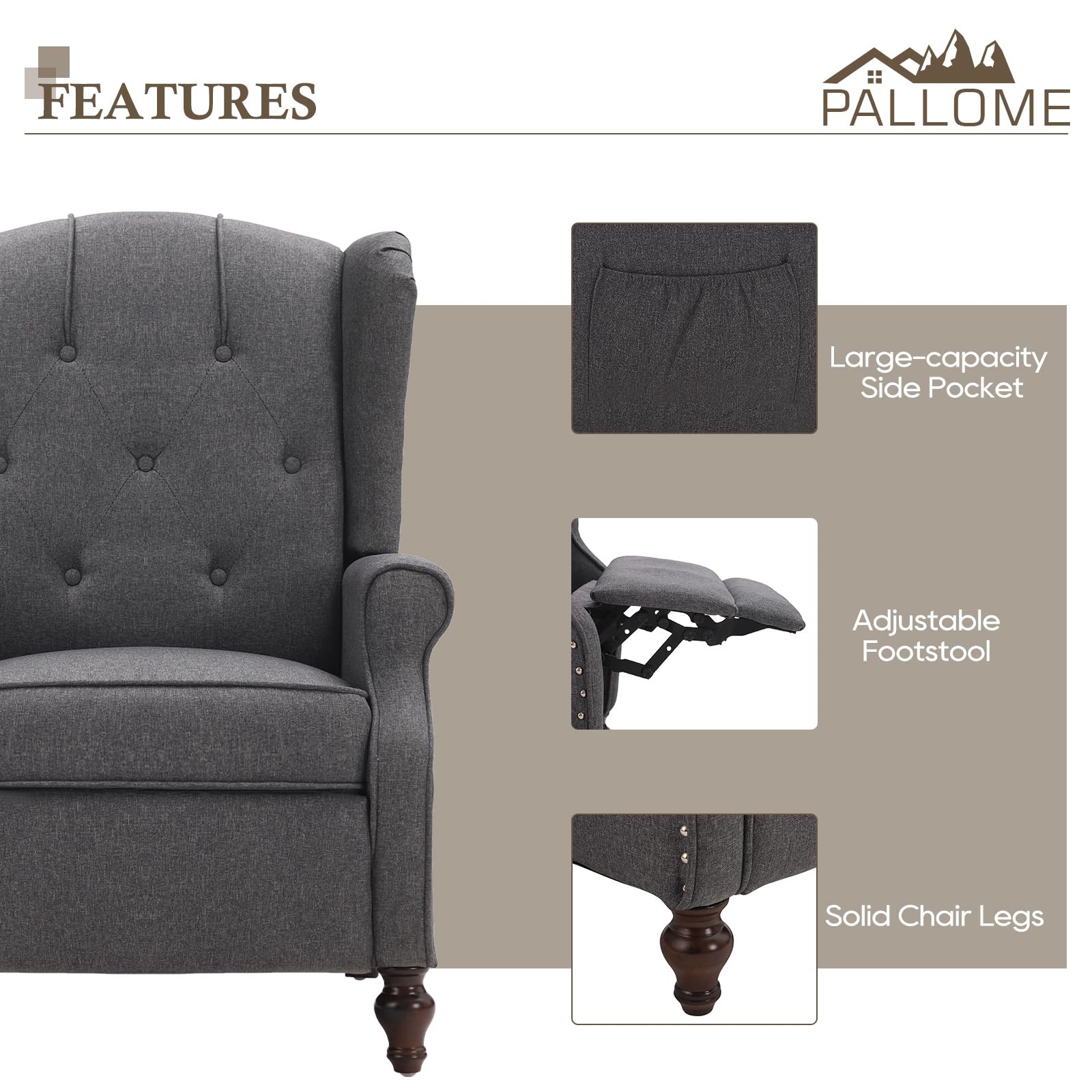 PALLOME Wingback Recliner Chair with Massage and Heat Tufted Fabric Push Back Arm Chair, Recliner Chair for Living Room Bedroom Home Theater (1,Grey)