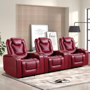 anj power recliner chair set of 3, electric soft leather reclining home theater seating - usb ports, cup holders, hidden arm storage movie & media room chairs (red)