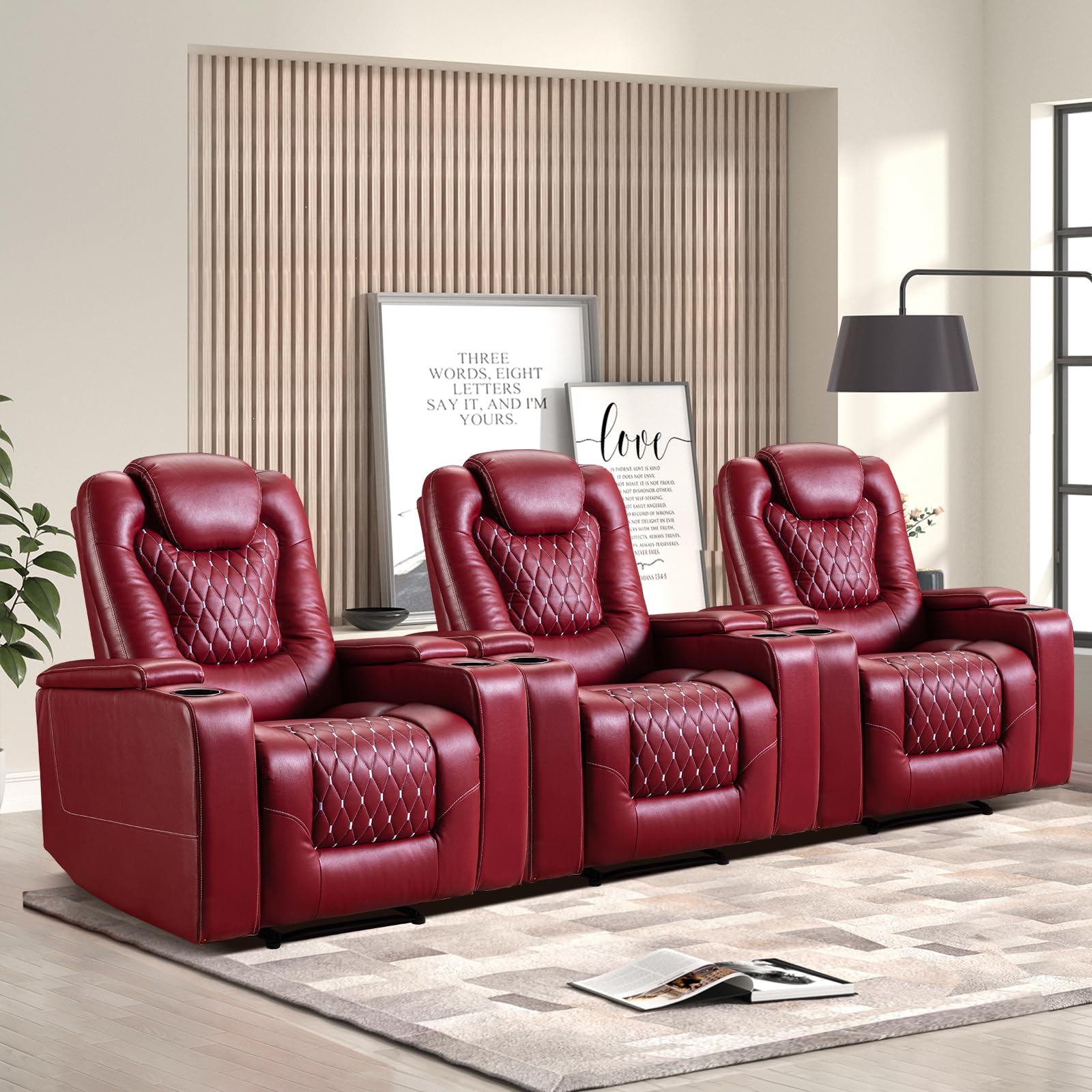 ANJ Power Recliner Chair Set of 3, Electric Soft Leather Reclining Home Theater Seating - USB Ports, Cup Holders, Hidden Arm Storage Movie & Media Room Chairs (Red)