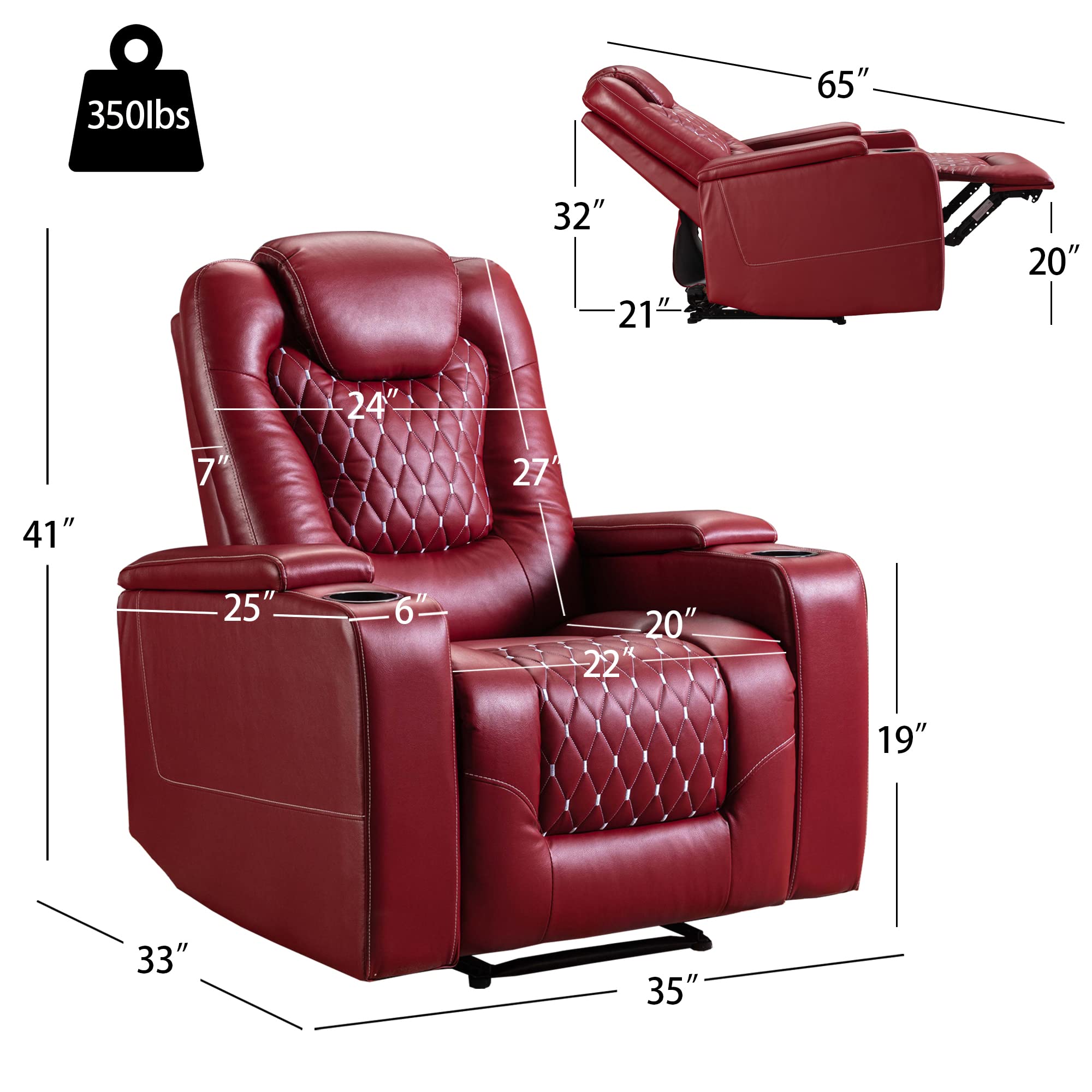 ANJ Power Recliner Chair Set of 3, Electric Soft Leather Reclining Home Theater Seating - USB Ports, Cup Holders, Hidden Arm Storage Movie & Media Room Chairs (Red)