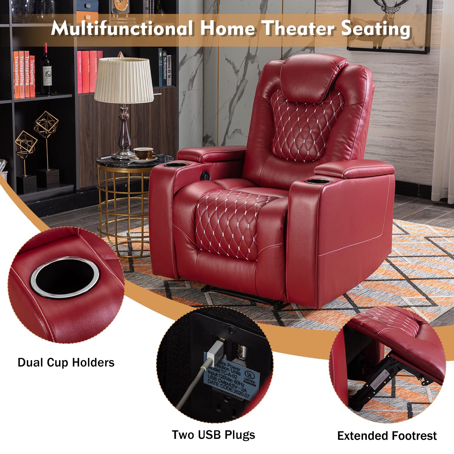 ANJ Power Recliner Chair Set of 3, Electric Soft Leather Reclining Home Theater Seating - USB Ports, Cup Holders, Hidden Arm Storage Movie & Media Room Chairs (Red)