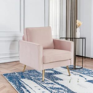 VINGLI Modern Pink Velvet Accent Chair for Living Room,Bedroom Comfy Chair Arm Chair Reading Chair with Golden Metal Legs and Deep Seat for Office,Apartment,Small Space