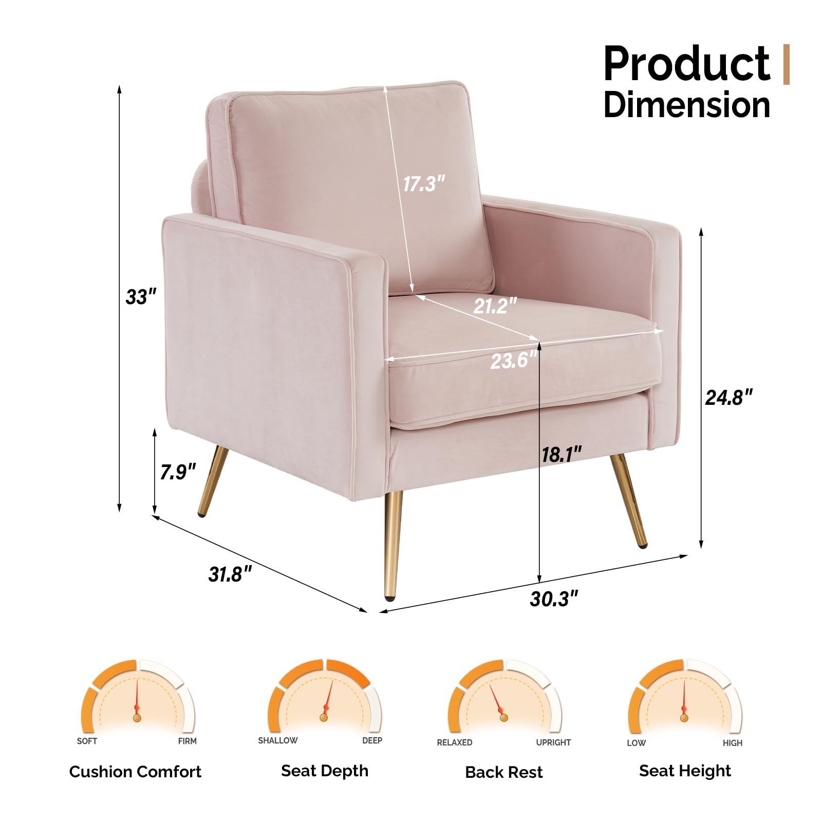 VINGLI Modern Pink Velvet Accent Chair for Living Room,Bedroom Comfy Chair Arm Chair Reading Chair with Golden Metal Legs and Deep Seat for Office,Apartment,Small Space