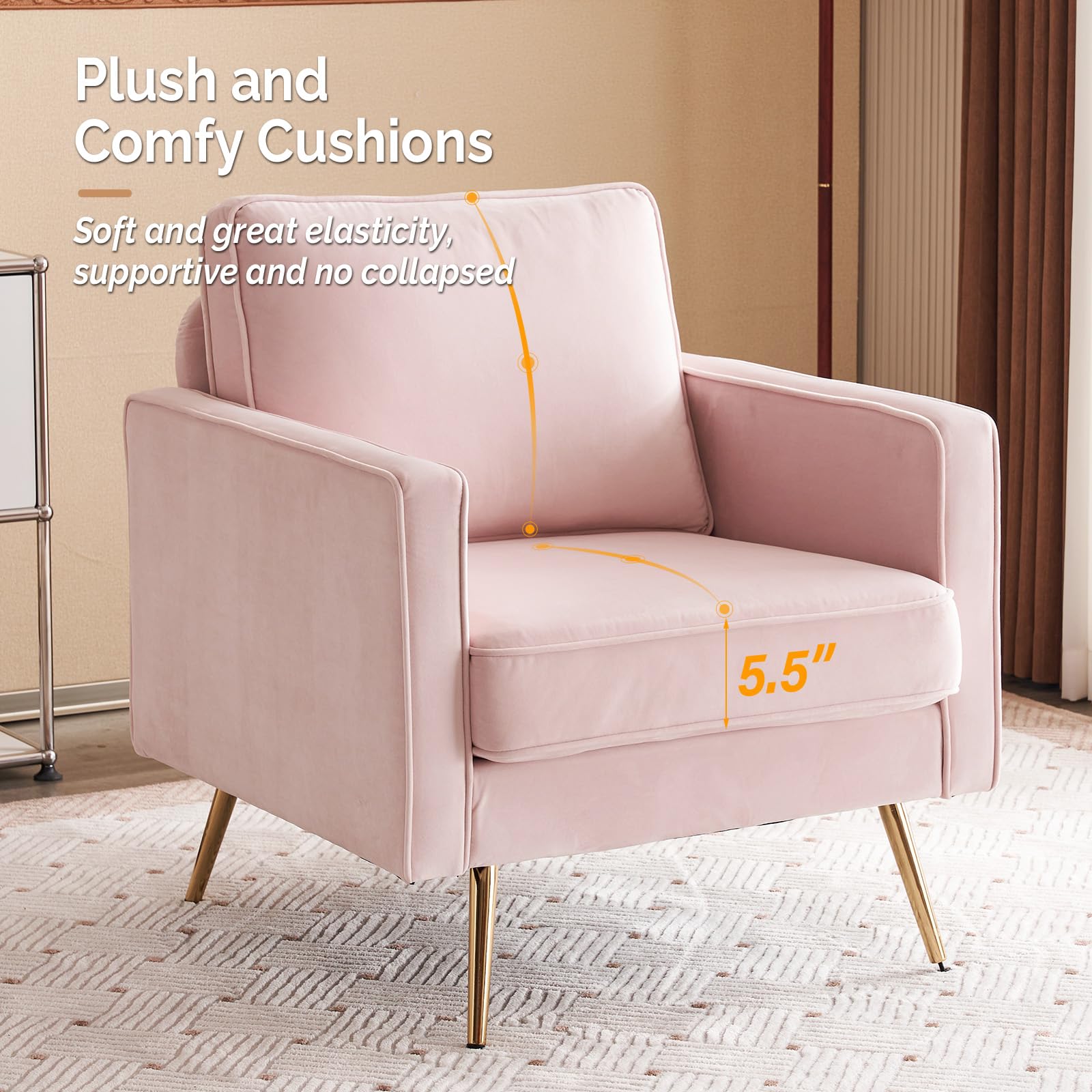 VINGLI Modern Pink Velvet Accent Chair for Living Room,Bedroom Comfy Chair Arm Chair Reading Chair with Golden Metal Legs and Deep Seat for Office,Apartment,Small Space