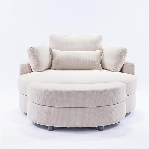 Oversized Accent Barrel Chair with Removable Headrest,Storage Ottoman and 4 Pillows, 51.2" Linen Upholstery Barrel & Armchair Leisure Club Cozy Round Sofachair for Home Apartment Hotel Living Room