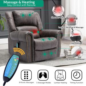 VIVIJASON Massage Swivel Rocker Recliner Chair with Heat & Vibration, 360° Swivel Manual Glider Rocking Reclining Chair with 2 Remote Controls, Side Pockets & USB Ports for Living Room, Smoky Gray