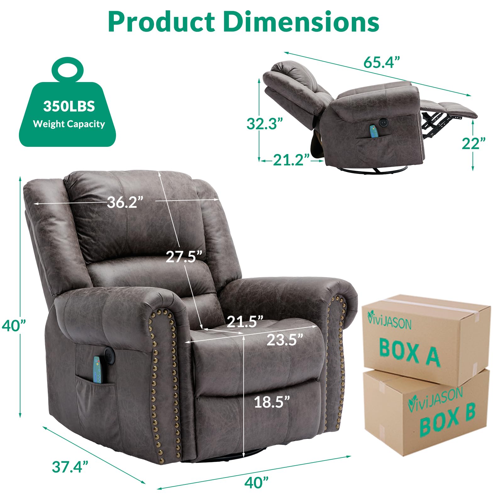 VIVIJASON Massage Swivel Rocker Recliner Chair with Heat & Vibration, 360° Swivel Manual Glider Rocking Reclining Chair with 2 Remote Controls, Side Pockets & USB Ports for Living Room, Smoky Gray