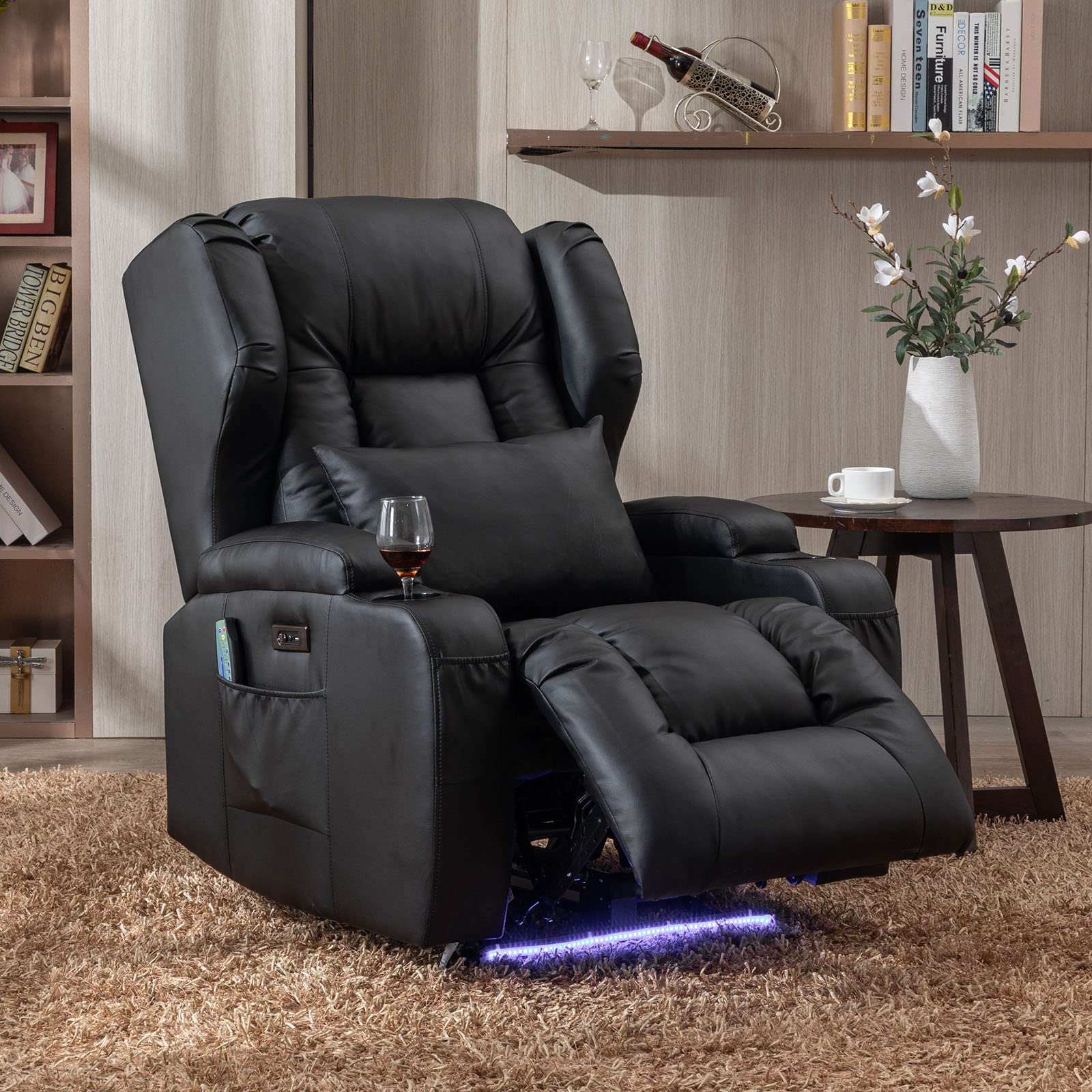 BINGTOO Electric Power Recliner Chair with Massage and Heat Recliner Chairs for Adults, Leather Home Theater Seating with Base Light, Cup Holders, USB Port…