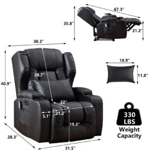 BINGTOO Electric Power Recliner Chair with Massage and Heat Recliner Chairs for Adults, Leather Home Theater Seating with Base Light, Cup Holders, USB Port…