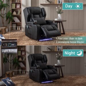 BINGTOO Electric Power Recliner Chair with Massage and Heat Recliner Chairs for Adults, Leather Home Theater Seating with Base Light, Cup Holders, USB Port…