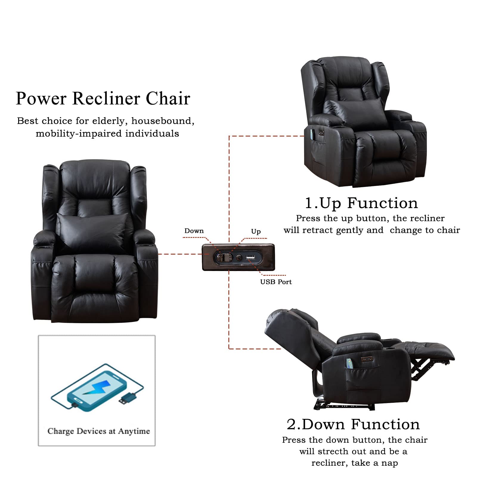 BINGTOO Electric Power Recliner Chair with Massage and Heat Recliner Chairs for Adults, Leather Home Theater Seating with Base Light, Cup Holders, USB Port…