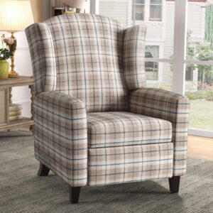 inzoy push back recliner chair, pushback reclining chair with padded seat, fabric wingback recliner for living room home theater, plain plaid