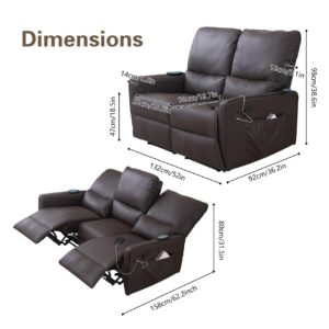 RVEE RV Loveseat Console Theater Seating 2 Seater Powered Recliner Double Sofa with USB Charging Station Massage Heat Chair RV Furniture Faux Leather Brown (2 Seater)