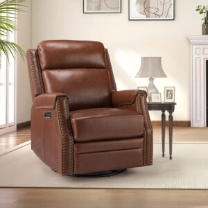 hulala home power recliner chair with usb, genuine leather electric swivel rocker recliner chair with nailhead trim & metal base for living room bedroom home theater, brown