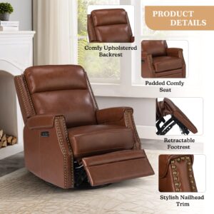 HULALA HOME Power Recliner Chair with USB, Genuine Leather Electric Swivel Rocker Recliner Chair with Nailhead Trim & Metal Base for Living Room Bedroom Home Theater, Brown