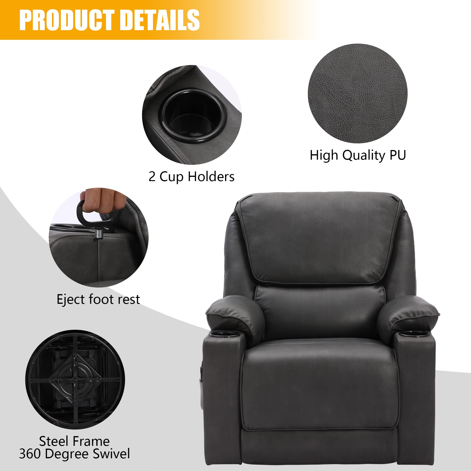 KIGOTY Recliner Chair Rocker Recliner Chair for Adults 360 Degree Swivel Rocker Reliner with Heated Massage Drink Holders Living Room Chair PU, Gray