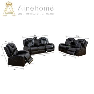 A Ainehome Luxury Living Room Furniture Sets Power Recliner Sectional Sofa Recliner Couch Set Recliner Leather Couch and Recliner Set Loveseat Chair for House/Office/Theater Seating(A-Black)