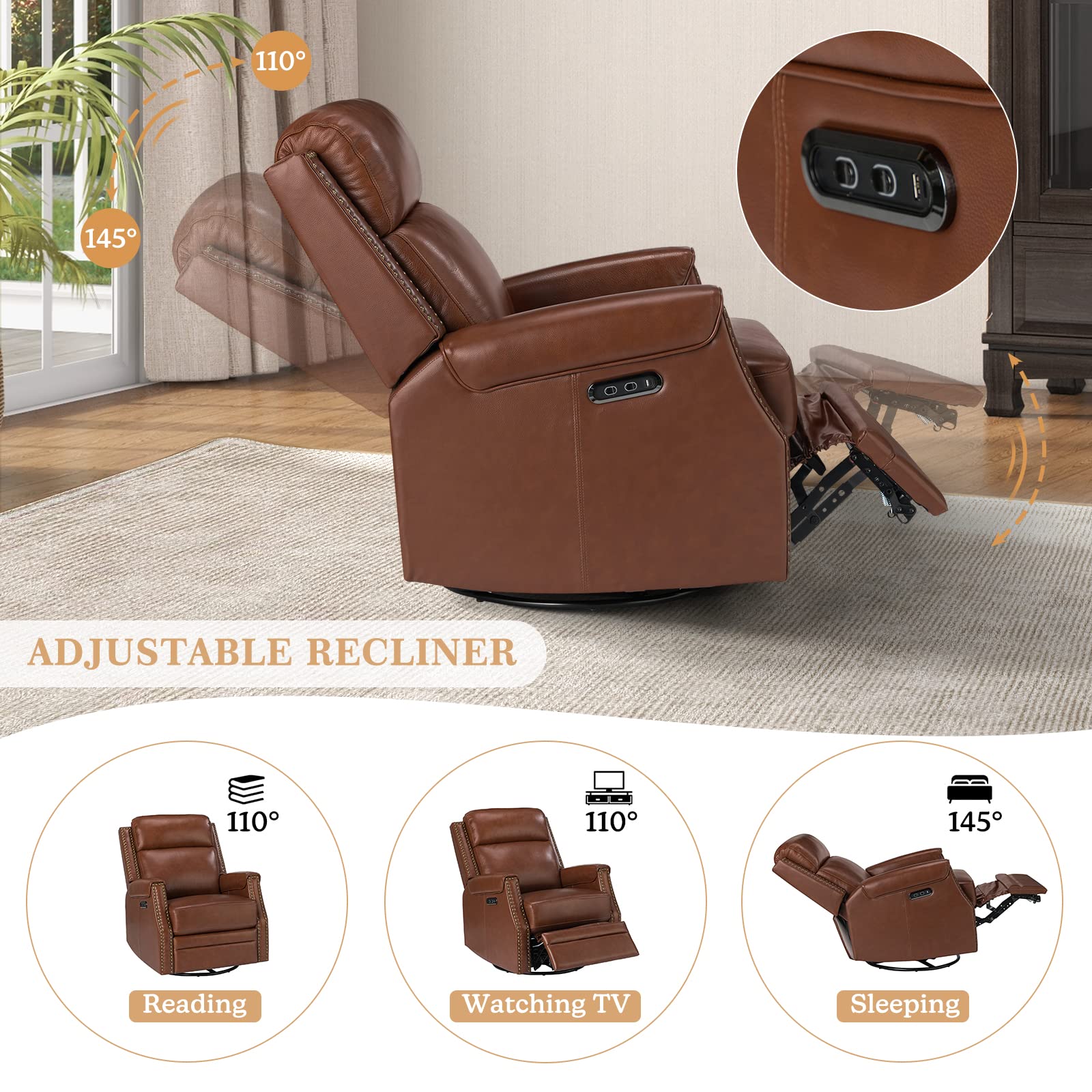 HULALA HOME Power Recliner Chair with USB, Genuine Leather Electric Swivel Rocker Recliner Chair with Nailhead Trim & Metal Base for Living Room Bedroom Home Theater, Brown