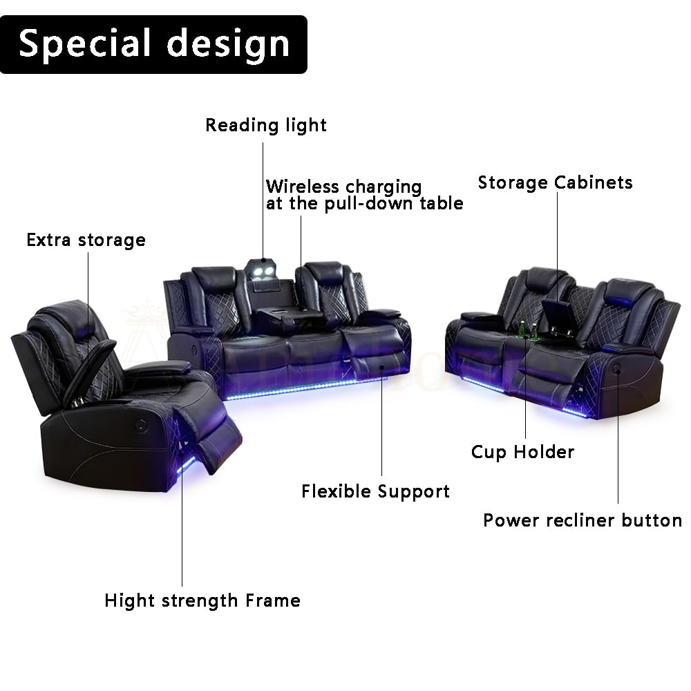 A Ainehome Luxury Living Room Furniture Sets Power Recliner Sectional Sofa Recliner Couch Set Recliner Leather Couch and Recliner Set Loveseat Chair for House/Office/Theater Seating(A-Black)