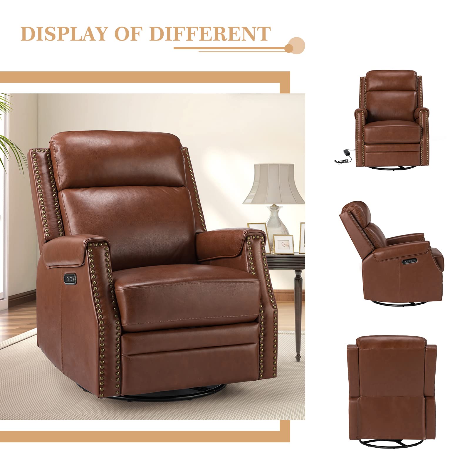 HULALA HOME Power Recliner Chair with USB, Genuine Leather Electric Swivel Rocker Recliner Chair with Nailhead Trim & Metal Base for Living Room Bedroom Home Theater, Brown