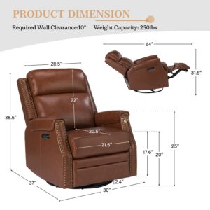 HULALA HOME Power Recliner Chair with USB, Genuine Leather Electric Swivel Rocker Recliner Chair with Nailhead Trim & Metal Base for Living Room Bedroom Home Theater, Brown