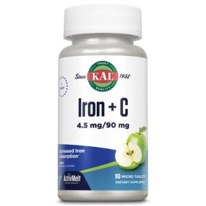 kal iron c, 90 tablets, 4.5 mg/90 mg, natural apple flavor, increased absorption iron pills, immune support