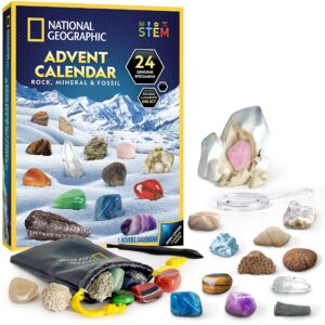 national geographic rock collection advent calendar 2024 - advent calendar for kids with 24 gemstones, minerals & fossils for kids, complete gem & fossil collection christmas countdown calendar