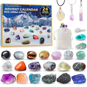 advent calendar 2023, rock collection advent calendars for kids with 24 gemstones, minerals & fossils, 24 days christmas countdown calendar with gem keychain, necklace & wishing bottle