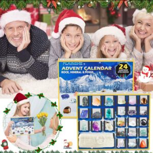 Advent Calendar 2023, Rock Collection Advent Calendars for Kids with 24 Gemstones, Minerals & Fossils, 24 Days Christmas Countdown Calendar with Gem Keychain, Necklace & Wishing Bottle