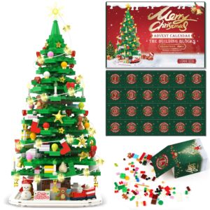 advent calendar 2023 christmas tree building toy set with led light, 1066 pieces christmas countdown calendar, 24 days building block for kids adult creative gifts for adults teens girls ages 8+