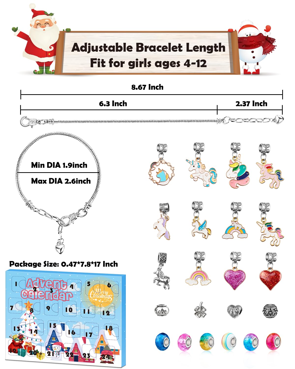 Advent Calendar 2023 Girls Unicorn Charm Bracelets Making Kit, 24 Days of Christmas Advent Calendars for Teens Kids Age 4-12, Unicorns Gifts for Girls 4 5 6 7 8-10 Girl Craft Toys Countdown Calender.