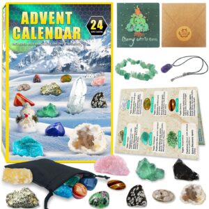 gemstone advent calendar 2023, gem rock advent calendar 2023 for kids adults, christmas countdown calendar with 24 natural gemstones, including greeting card, envelope, etc