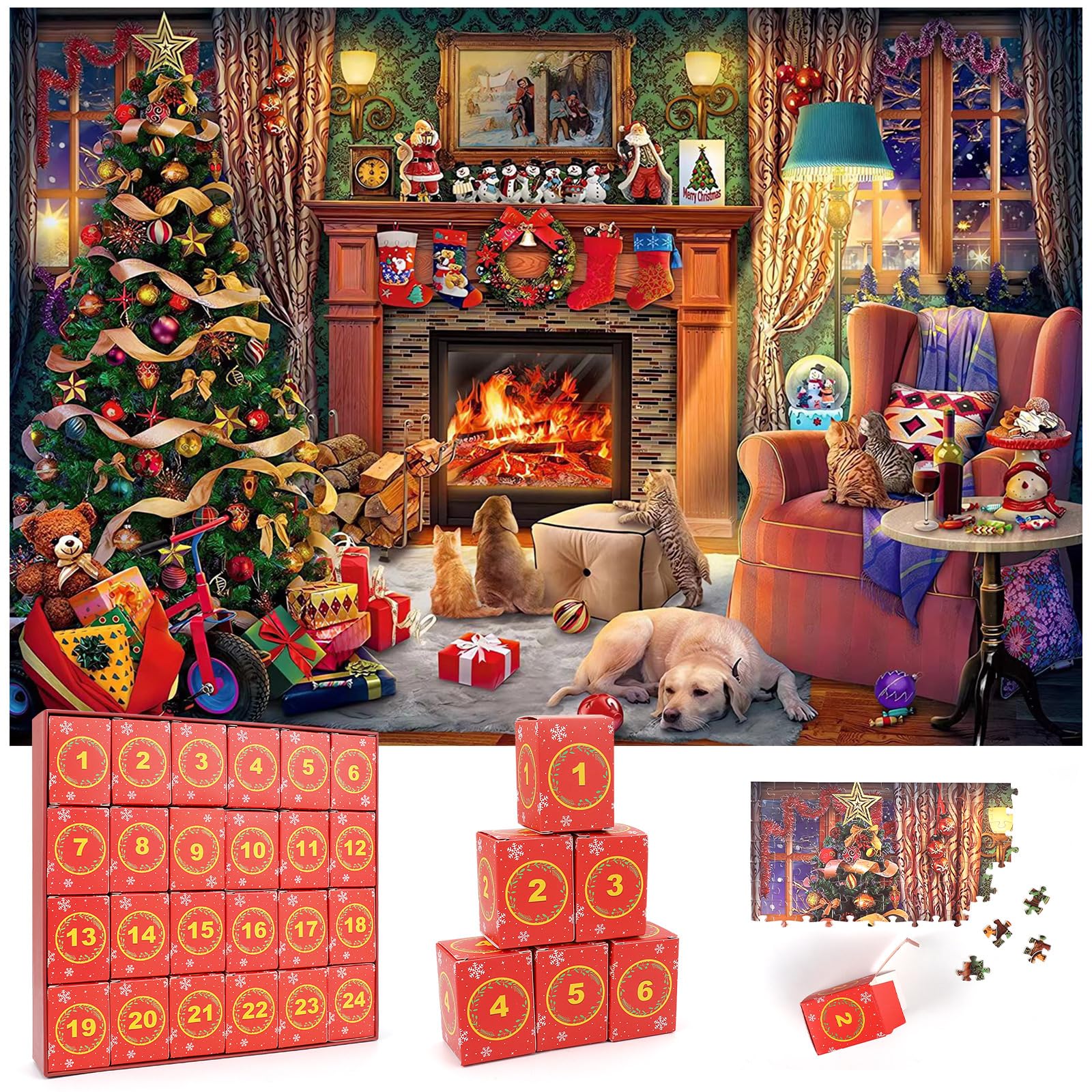 Jigsaw Puzzles Advent Calendar 2023 Christmas Gift，24 Days 1008 Pieces Puzzles,Christmas Fireplace& Home Decoration,Christmas Countdown Calendar for Kids Teens and Adults, Finished Size27.5in x 19.7in