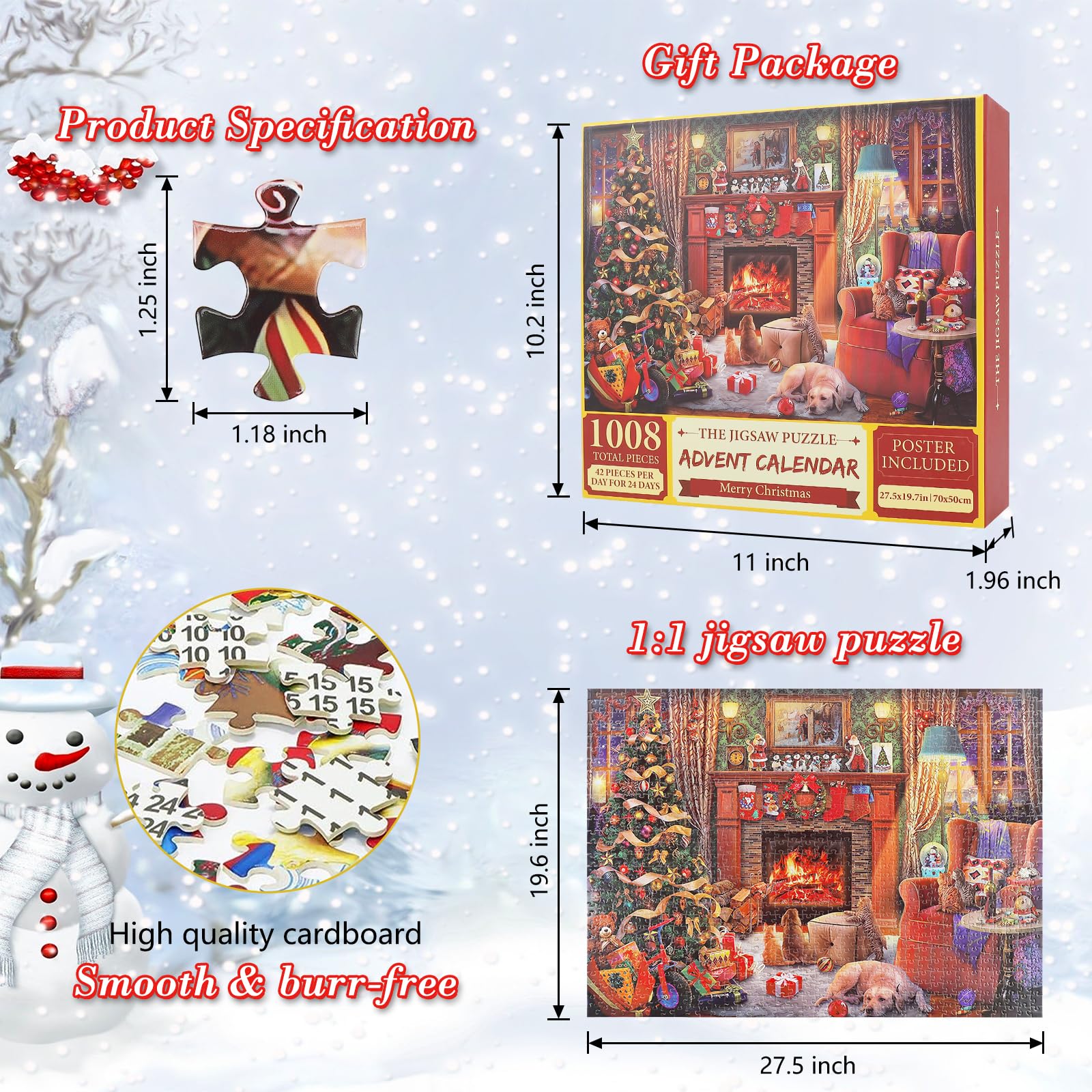 Jigsaw Puzzles Advent Calendar 2023 Christmas Gift，24 Days 1008 Pieces Puzzles,Christmas Fireplace& Home Decoration,Christmas Countdown Calendar for Kids Teens and Adults, Finished Size27.5in x 19.7in