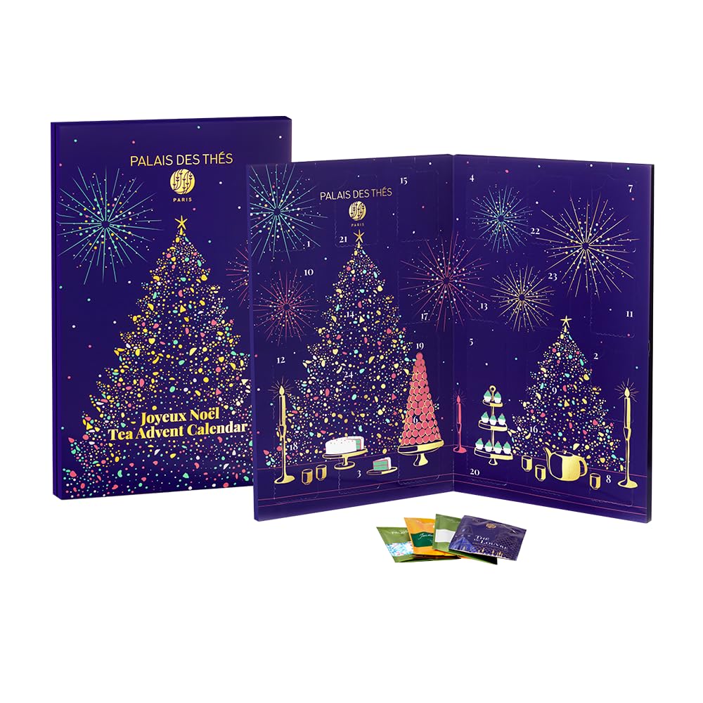 Palais des Thés - Joyeux Noël Tea - Advent Holiday Calendar with Premium Parisian Single Estate Herbal, Black, Oolong, Rooibos, Green Teas - 24 Tea Bags Total