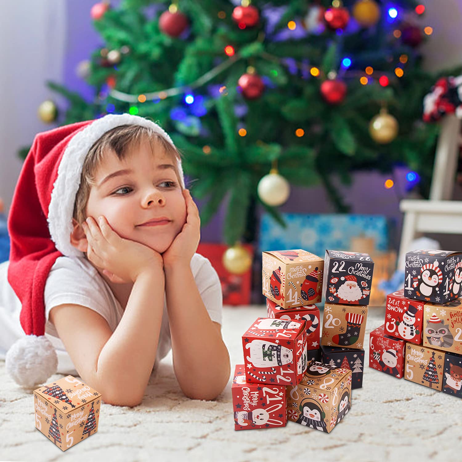 LOKIPA Christmas Advent Calendar Boxes, 24 Days Kraft Paper Advent Countdown Gift Boxes for Kids and Family