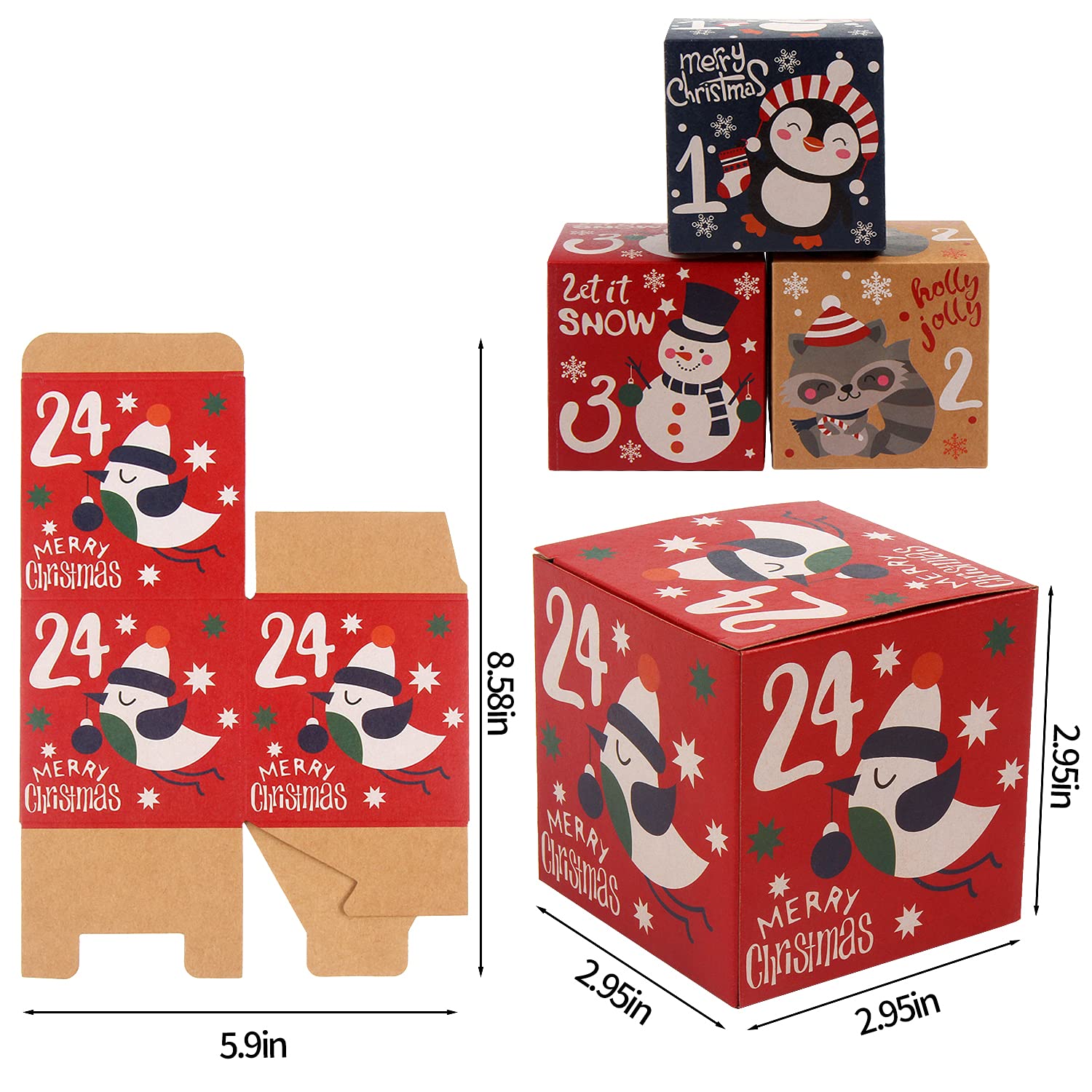 LOKIPA Christmas Advent Calendar Boxes, 24 Days Kraft Paper Advent Countdown Gift Boxes for Kids and Family