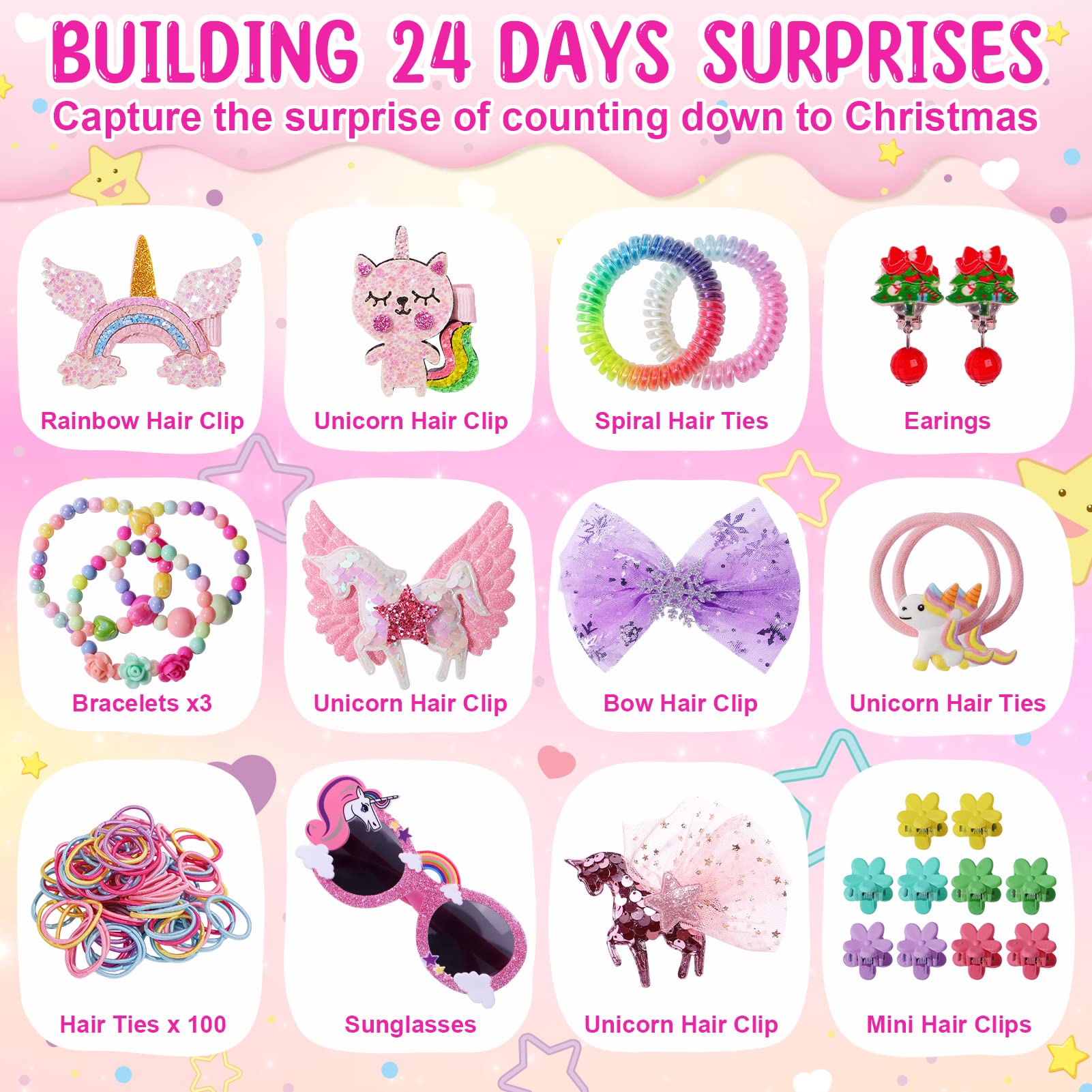 Asoulin Girls Advent Calendar 2023 -Unicorn Gift for Girl 24 Days Surprise Gift Box Funny Christmas Countdown Calendar for Teen Girl Kid Xmas Gift Basket with Hair Accessories Jewelry Sunglasses Purse