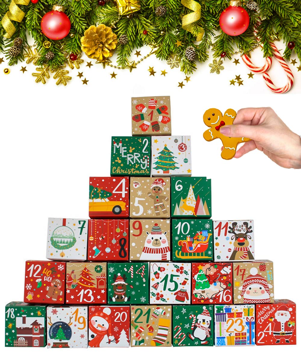 24 Pcs DIY Christmas Advent Calendar Boxes, 24 Days Advent Countdown Gift Boxes, Christmas Cardboard Number Boxes for Kids and Family, Xmas Holiday Decoration.