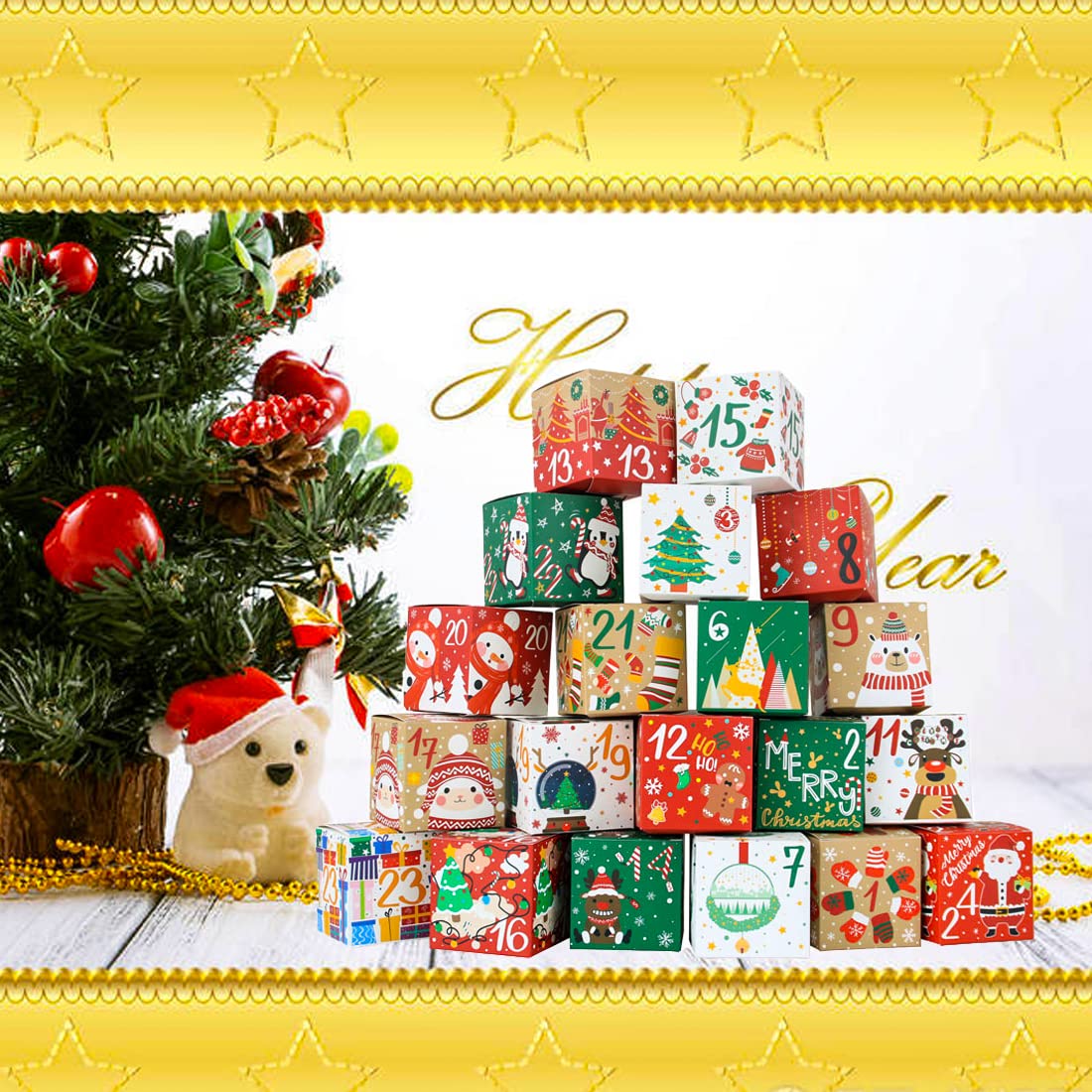 24 Pcs DIY Christmas Advent Calendar Boxes, 24 Days Advent Countdown Gift Boxes, Christmas Cardboard Number Boxes for Kids and Family, Xmas Holiday Decoration.