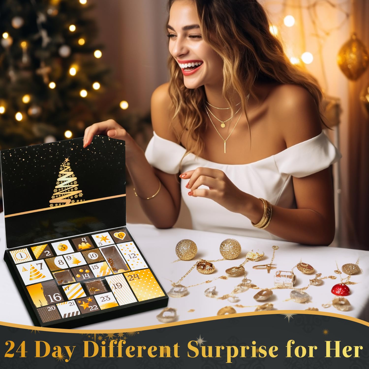 Jewelry Advent Calendar 2023 for Adult Women Teen Girls, 24 Day Christmas Countdown Calendar with Gold Earrings, Necklaces, Bracelets, and Rings, Xmas Surprise Gift for Wife Daughter Girlfriend