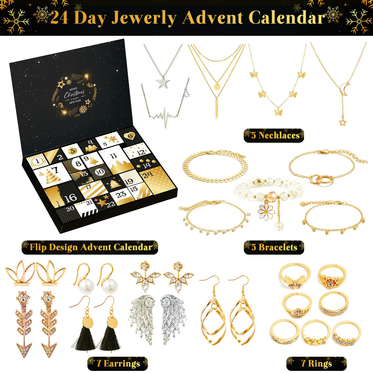 Jewelry Advent Calendar 2023 for Adult Women Teen Girls, 24 Day Christmas Countdown Calendar with Gold Earrings, Necklaces, Bracelets, and Rings, Xmas Surprise Gift for Wife Daughter Girlfriend