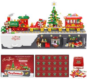 advent calendar 2023 christmas train building blocks set, 24 boxes-1529 pieces christmas train with lights display building kits for adults and kids countdown to christmas thanksgiving gifts