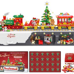 Advent Calendar 2023 Christmas Train Building Blocks Set, 24 Boxes-1529 Pieces Christmas Train with Lights Display Building Kits for Adults and Kids Countdown to Christmas Thanksgiving Gifts