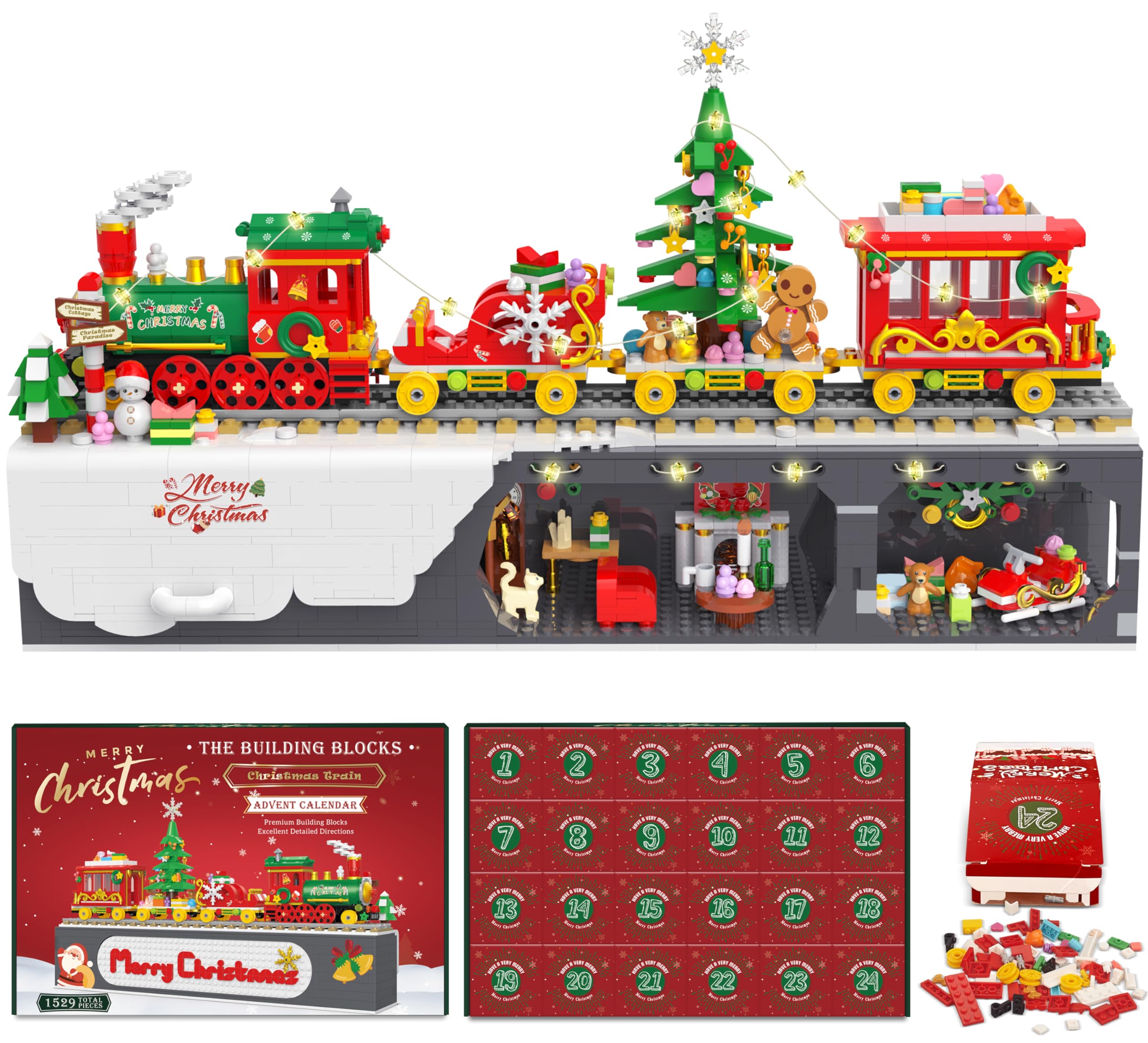 Advent Calendar 2023 Christmas Train Building Blocks Set, 24 Boxes-1529 Pieces Christmas Train with Lights Display Building Kits for Adults and Kids Countdown to Christmas Thanksgiving Gifts